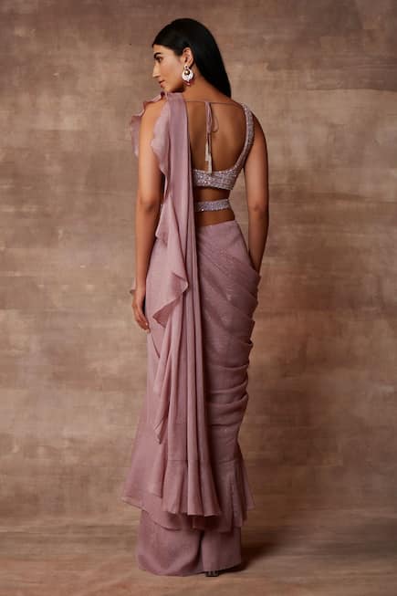 Buy Neeta Lulla Purple Chiffon Pre-draped Ruffle Saree Set Online | Aza ...