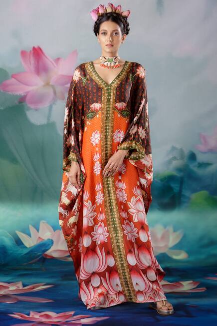 Buy Rajdeep Ranawat Orange Verusha Silk Printed Kaftan Online | Aza ...
