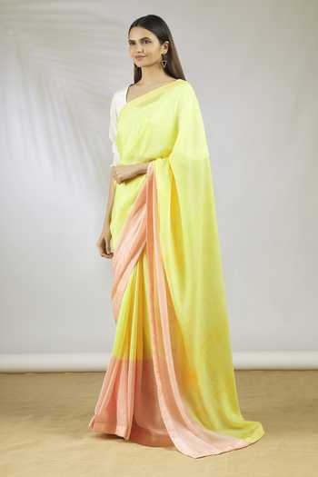 Buy Vedika M Yellow Crepe Color Block Saree With Blouse Online | Aza ...