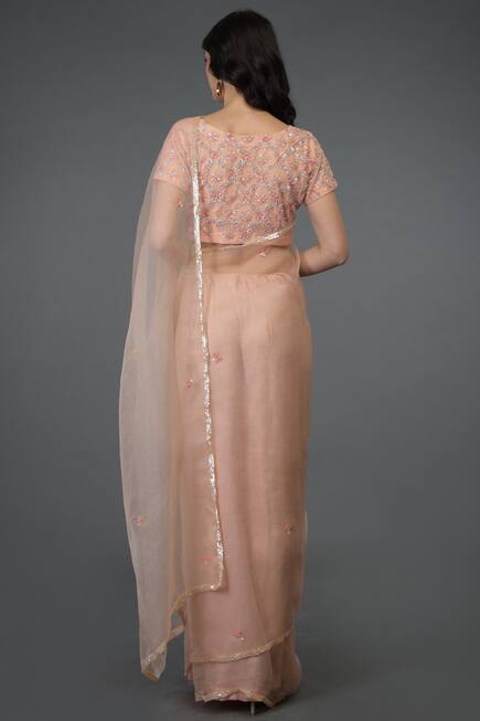 Buy Talking Threads Peach Pure Organza Silk Embellished Saree Set Online | Aza Fashions