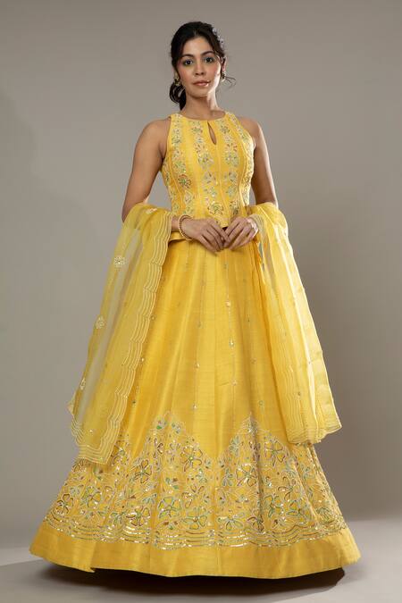 Buy I Am Design Yellow Raw Silk Mango Bite Hand Embroidered Lehenga Set