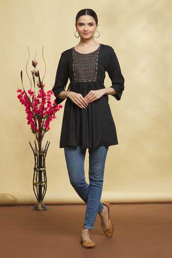 Buy Black Rayon Embroidered Floral Round Bodice Tunic For Women by ...
