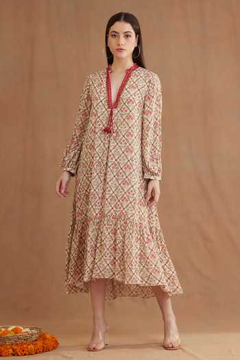 Buy Red Cotton Sequins, Mirrors Split V-neck Mughal Print Tiered Dress ...