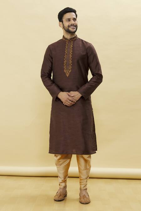 Buy Brown Silk Embroidered Floral Placket Straight Kurta And Patiala ...