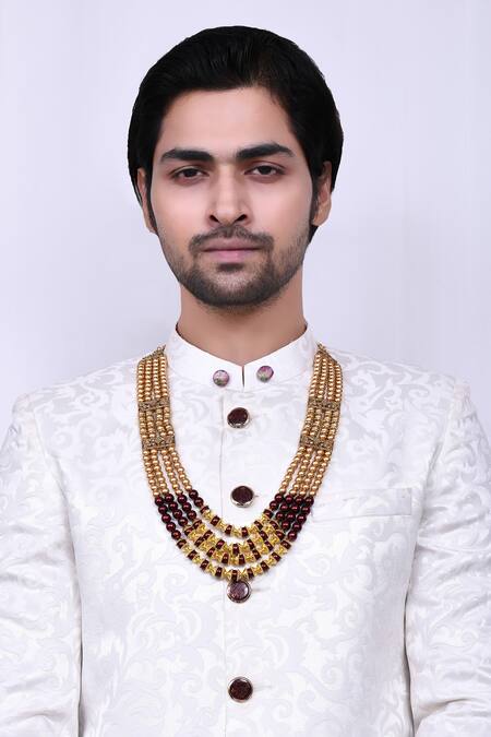 Buy Beige Bead And Stone Contrast Multi-layered Mala For Men by Aryavir ...
