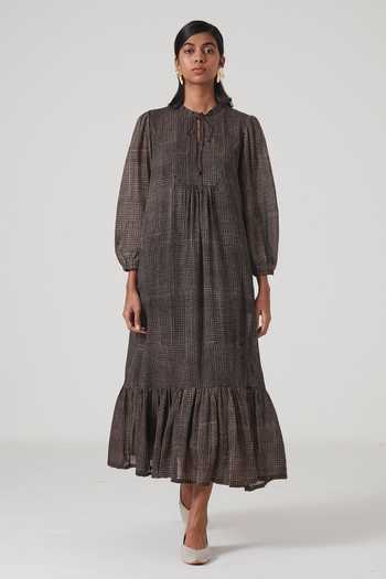 Buy Black Cotton Keyhole Neck Luka Checkered Print Dress With Belt For ...