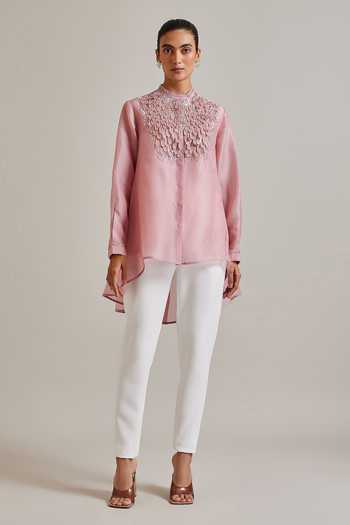 Buy Pink Silk Organza Embellished Tape Mandarin Collar Aurelia Yoke ...