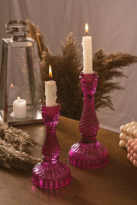Kaksh Studio Pink Glass Bonita Candle Holder - Set Of 2
