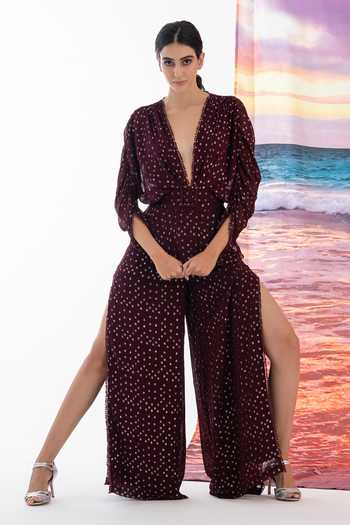 Buy Purple Viscose V-neck Square Pattern Kimono Top And Side Slit Pant ...