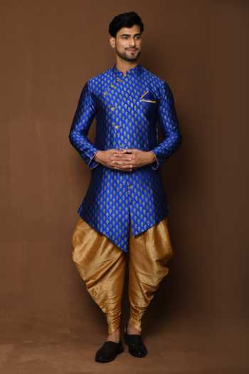 Buy Blue Sherwani Raw Silk Floral Side Placket Asymmetric With Patiala ...