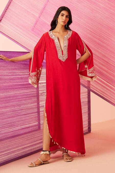 Buy Red Muslin Embroidered Dori Notched Round Neck Floating Thoughts ...