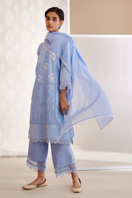 Buy Blue Kurta Chanderi Silk Embroidered And Zabreen A-line Set For ...