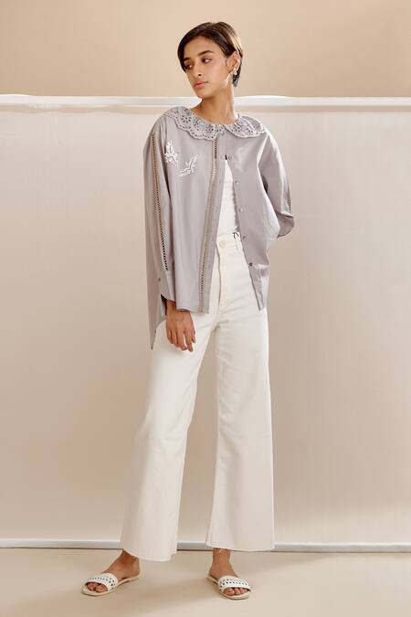 Buy Grey Cotton Embroidered And Embellished Nyra Placement Bird Shirt ...