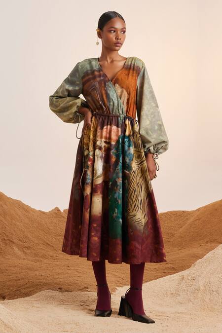 Buy Blue Cotton Printed High Tea V Neck Drawstring Dress For Women by ...