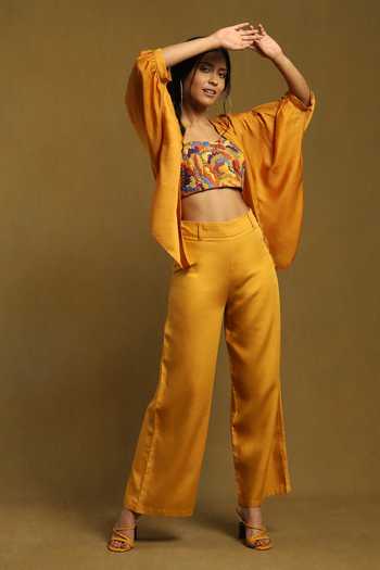 Buy Yellow Dehri Satin/viscose Twill Embroidered Streak Shrug Set With ...