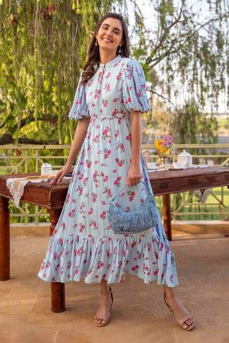 Buy Blue Rayon Floral Pattern Mandarin Collar Dress For Women by B ...