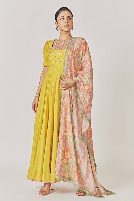 Buy Yellow Muslin Silk Embroidered Embellished Neck Panel Anarkali With ...