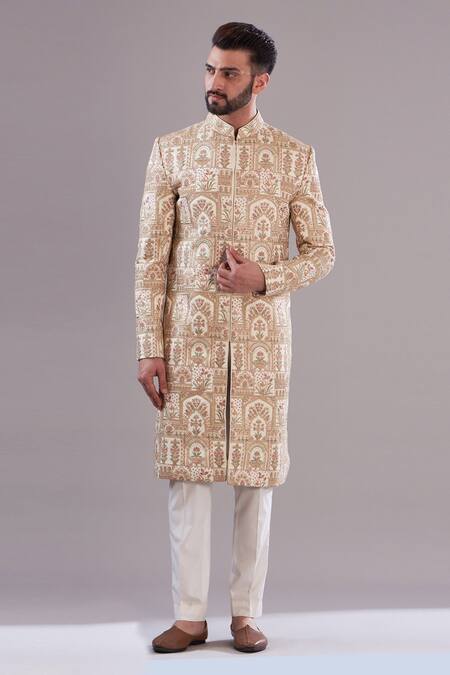 Buy Ivory Silk Embroidered Floral Thread Work Royal Multi Sherwani Set ...
