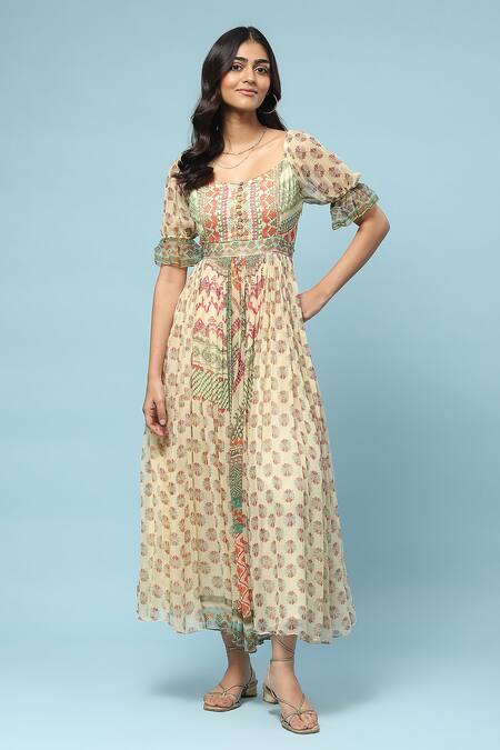 Buy Off White 100% Polyester Printed Geometric Scoop Pattern Midi Dress ...