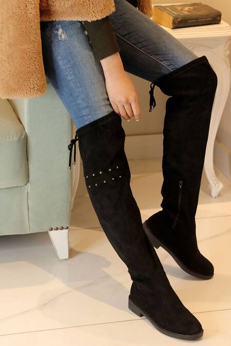 Buy Black Embellished Long Round Toe Boots by Myra Online at Aza Fashions.