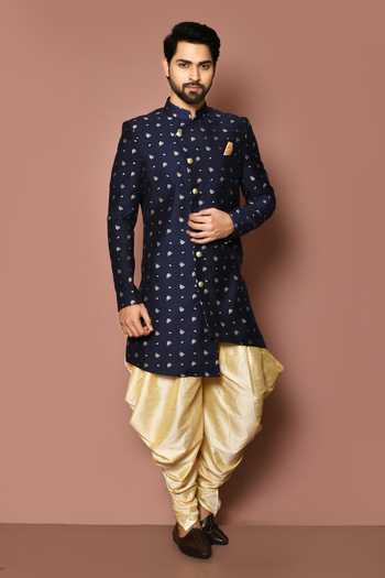 Buy Blue Patiala Dupion , Sherwani Raw Leaf Print Set For Men by ...