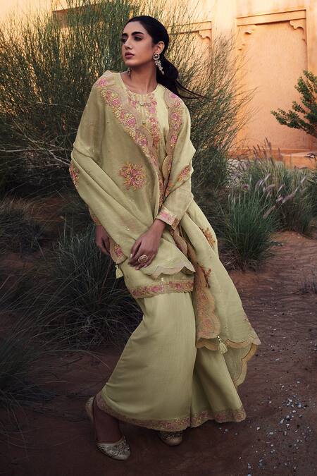 Buy Green Kurta Viscose Organza Woven Embroidered Straight Sharara Set ...