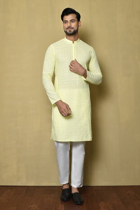 Buy Yellow Cotton Chikankari Embroidered Thread Kurta For Men by Naintara Bajaj Online at Aza ...