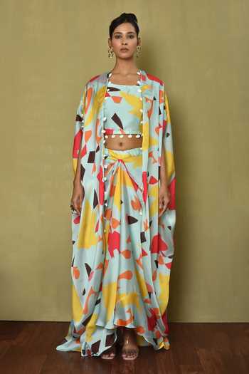 Buy Multi Color Georgette Satin Printed Abstract Cape: And Draped Skirt ...