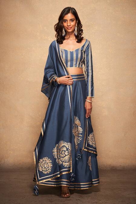 Buy Blue 100% Pure Chanderi Silk Embellished Patti Rose Pattern Dupatta ...
