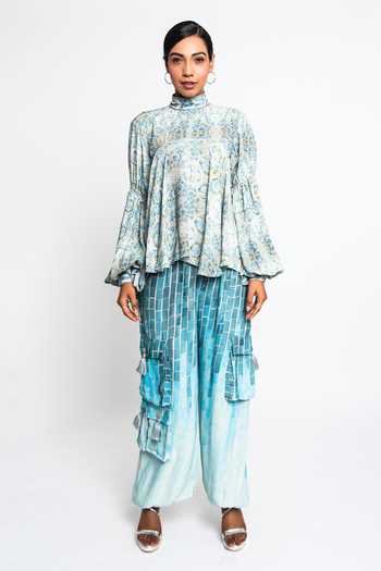 Buy Blue Double Georgette Geometric High Mosaic Pattern Top And Pant ...