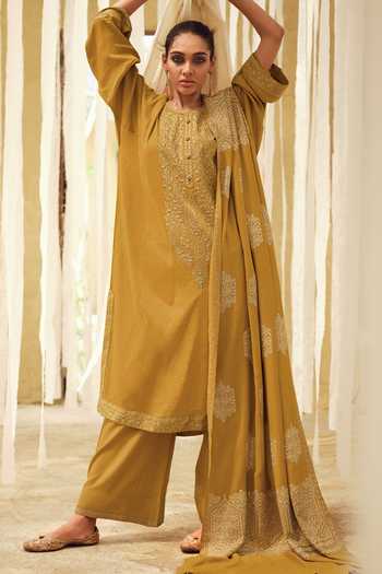 Buy Label Varsha Yellow Full Sleeve Embroidered Kurta Set Online | Aza ...