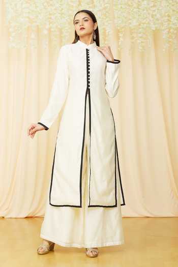Buy Off White Chanderi Mandarin Collar Front Slit Kurta And Palazzo Set ...