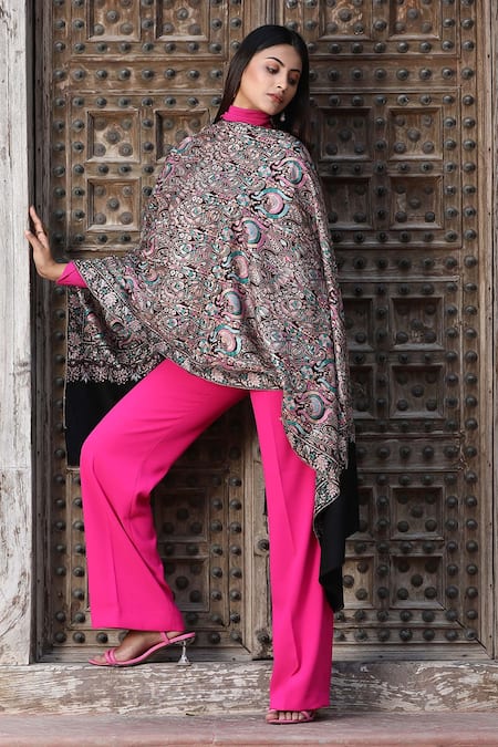 Buy Black Hand Embroidery Jama Paper Mache Shawl by DUSALA Online at ...