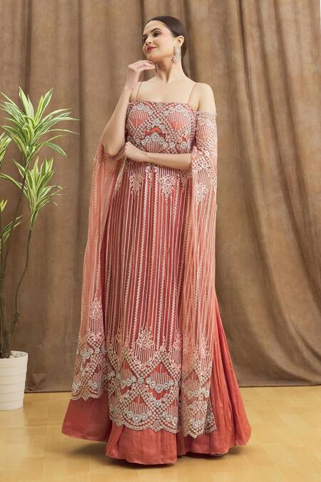 Buy Red Lehenga Satin Embroidered Off-shoulder Embellished Cape And Set ...