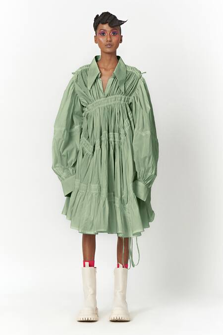 Buy Green Cotton Poplin Solid Collared Neck Fudo Tiered Dress For Women ...