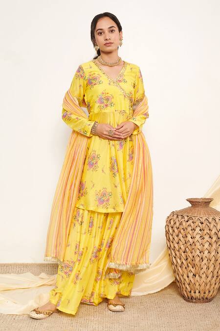 Buy Yellow Cotton Silk Printed Floral V Neck Sunshine Anghrakha Set For