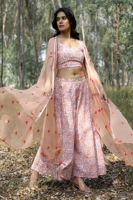 Buy Kapraaaha Peach Cotton Motif Embroidered Cape Palazzo Set Online ...