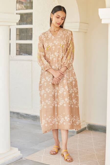 Buy Beige Cotton Muslin Printed Floral Notched Pintuck Bodice Midi ...