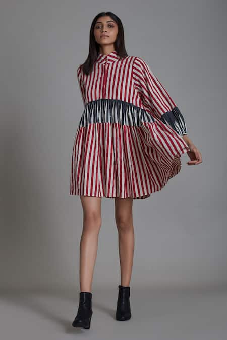 Buy Off White 100 Cotton Striped High Neck Uno Pattern Dress For Women By Mati Online At Aza