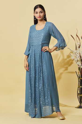 Buy Green Georgette Embroidery Abla Round Neck Sheer Sleeves Dress For ...
