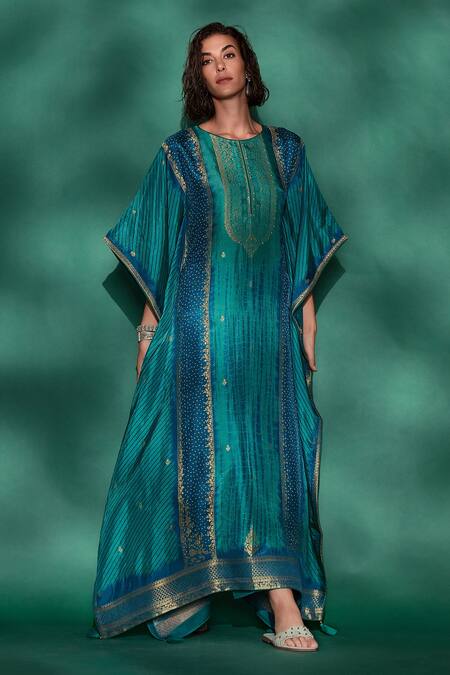 Buy Blue Kaftan Viscose Woven Embroidered Sequin Round And Pant Set For ...