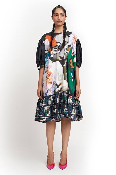 Buy Black Cotton Poplin Printed Digital Round Aiko Dress For Women by ...