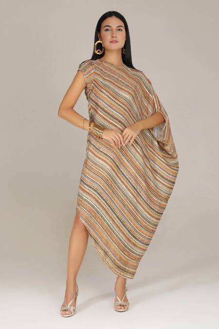 Buy Brown 100% Viscose Crepe Stripe Pattern Draped Dress For Women by ...