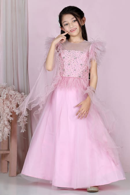 Buy Pink Net Hand Embroidered Pearls Top And Lehenga Set For Girls by ...