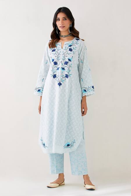 Buy Blue Cotton Jacquard Printed Floral Botanical Yoke Embroidered ...