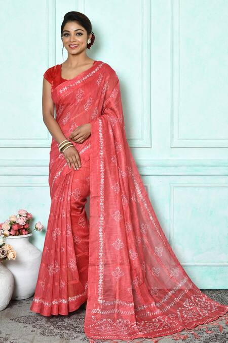 Buy Pink Cotton Silk Print Diamond Tile Pattern Saree For Women by ...