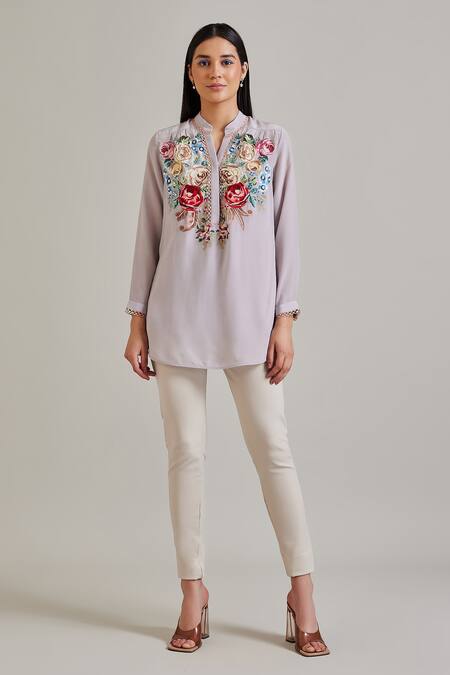 Buy Grey Silk Crepe Hand Embellished 3d Floral Broad V Peony Short