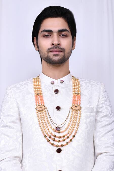 Buy Cream Bead And Stone Chain Detail Layered Mala For Men by Aryavir ...