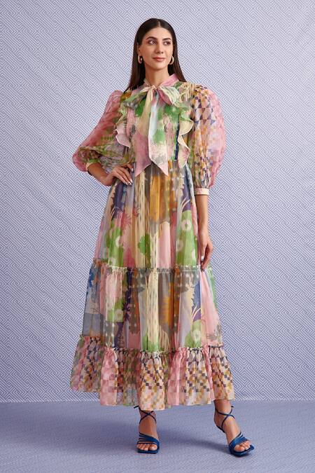 Buy Multi Color Organza Abstract Bow Neck Takisha Tiered Frill Dress ...