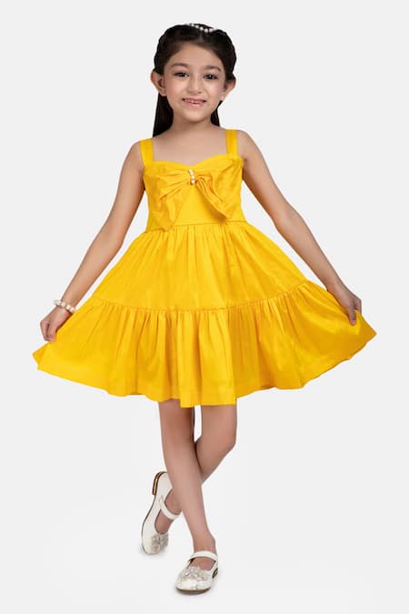 Buy Yellow 100% Pure Cotton Poplin Embellishment 3d Fabric Bow Dress ...